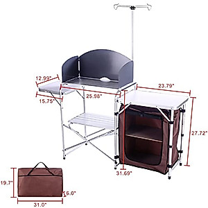 CAMP SOLUTIONS Camp Kitchen Table with Storage Organizer, Outdoor Cooking Table, Grill Tables for Outdoor,Portable Aluminum Windscreen Hooks for BBQ, Party (White)