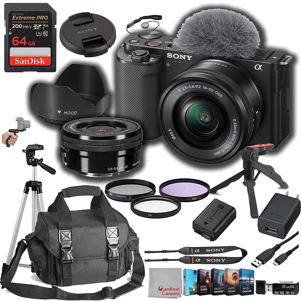 Sony ZV-E10 Mirrorless Camera with 16-50mm Lens 64GB Extreem Speed Memory, Case. Tripod, Filters, Hood, Grip, & Professional Video & Photo Editing Software Kit (White)