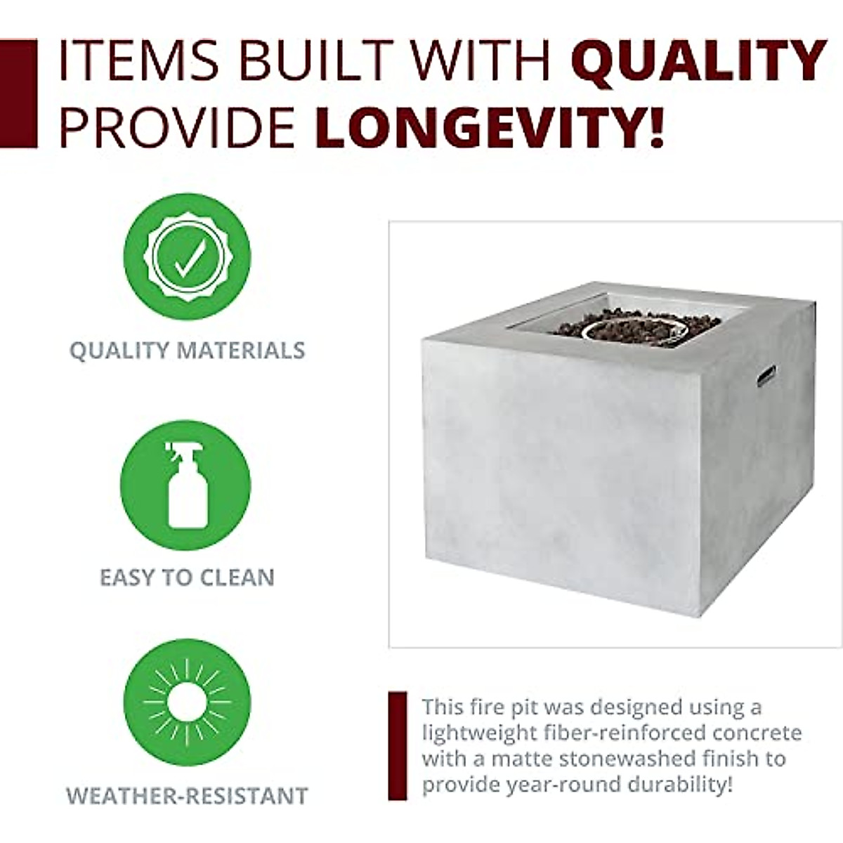 Lokingrise 32" Square Concrete Fire Pit Table, Gas Fire Pit, Outdoor Concrete Fire Table, Propane Fire Pit Table with Cover, Included Fire Pit Accessories