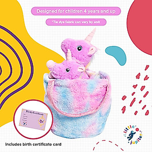 Mommy & Baby Unicorn Gift for Girls 4 - 5 - 6 - 7 yrs - Stuffed Animal Set w/ 2 Purple Plush Toys - Rainbow Purse Bag, Doll Pillow, Blanket, & Birth Certificate Plushies for Birthday (Purple Tie Dye)