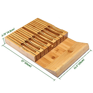 Bamboo Knife Drawer Organizer, Expandable Cutlery Tray and In-Drawer Knife Insert (16 knives)