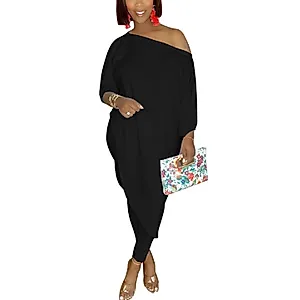GLIENST Two Piece Outfit for Women Gradient Irregular Off Shoulder Long Shirts Skinny Pant Solid Causal Lounge Sets Black S