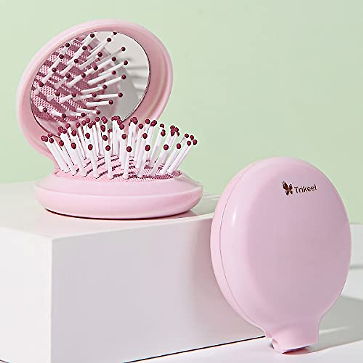 Mini Hair Brush for Purse, Small Portable Pocket Hair Brush with Mirror for Girls, Travel Size, Pink