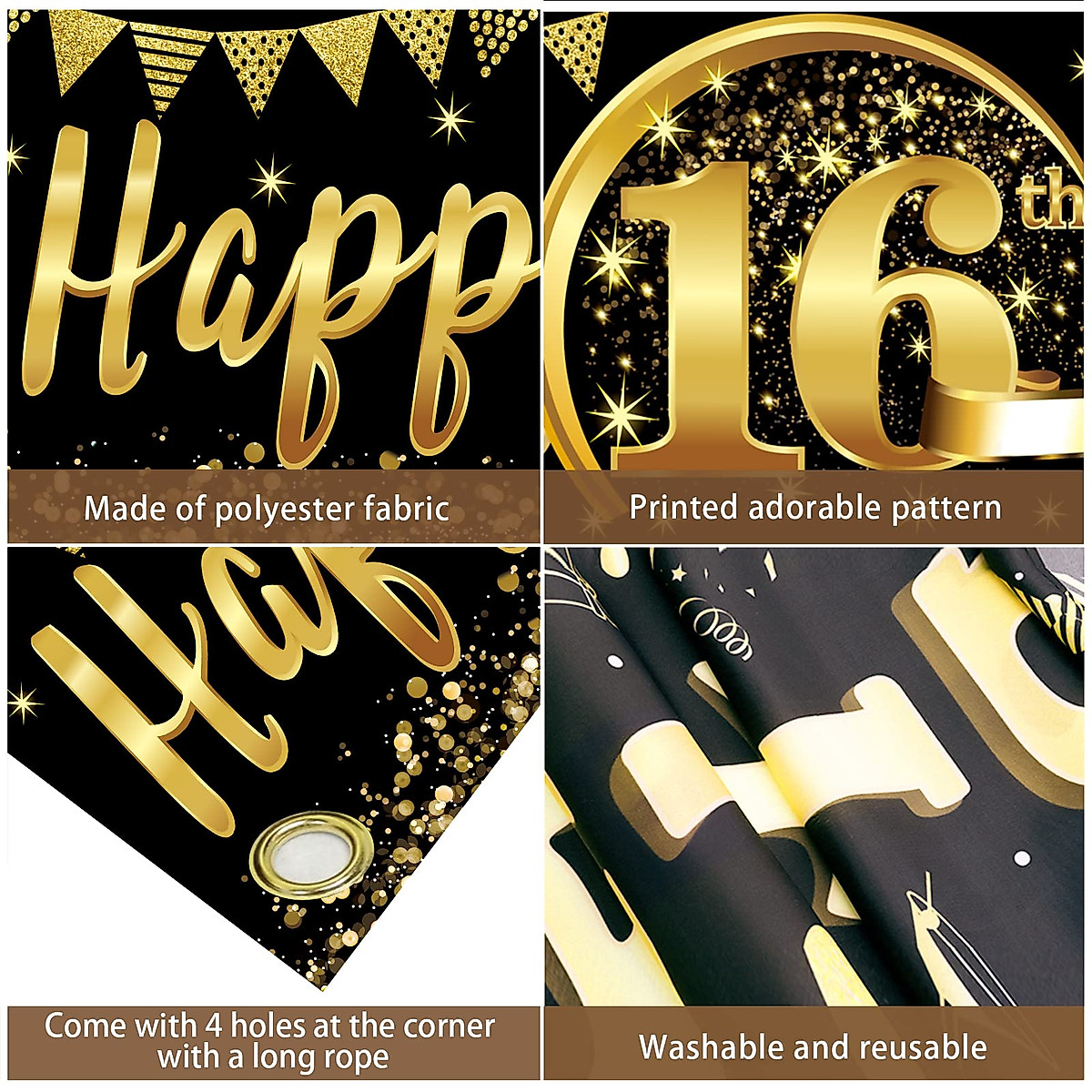 Happy 16th Birthday Banner Decorations for Boys Girls, 16th Birthday Party Supplies, Black Gold 16 Birthday Decor Sign for Outdoor Indoor