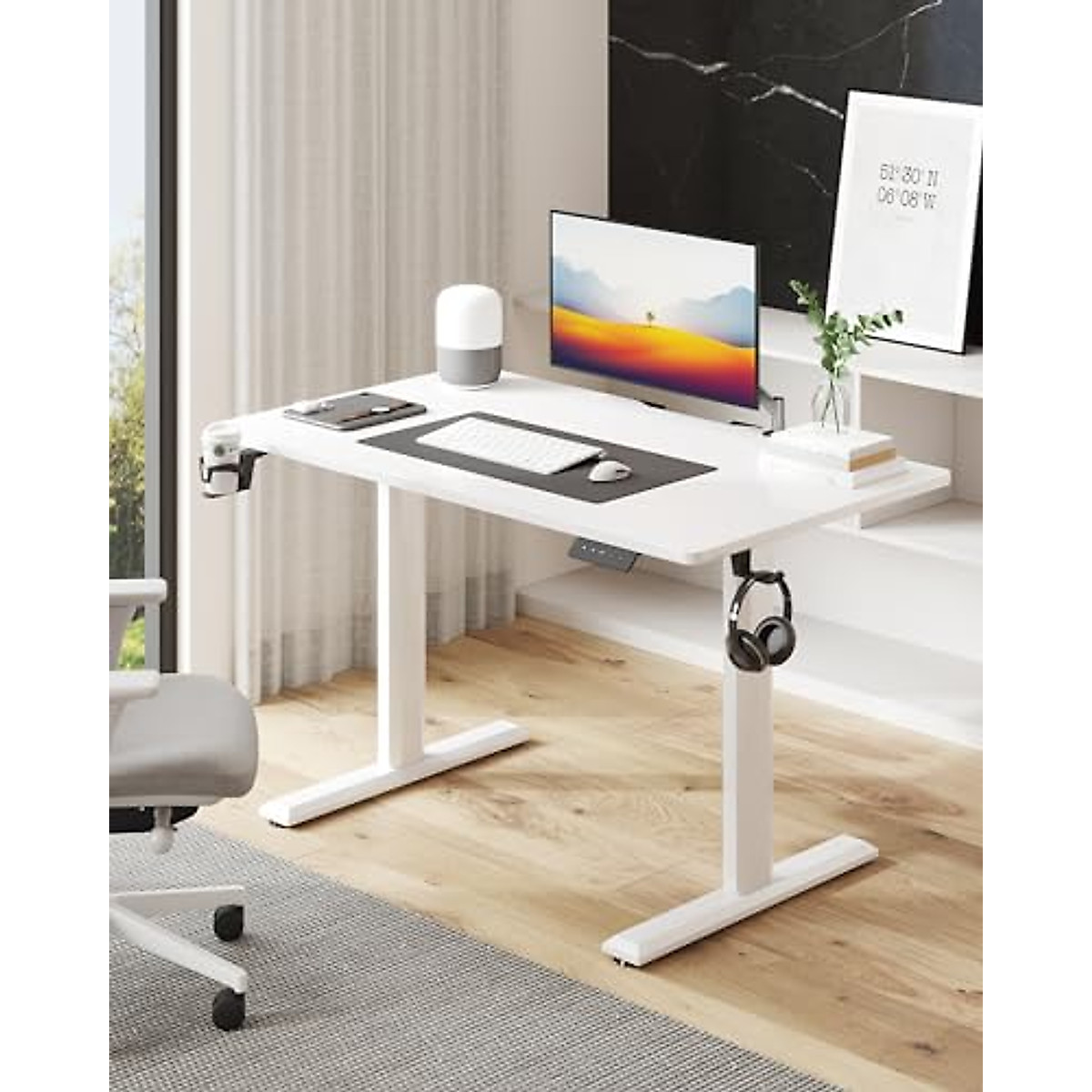 Shahoo Electric Standing Desk, 43 Inch Height Adjustable Home Office Table with Headphone Hook and Cup Holder, Withe Legs/Withe Top