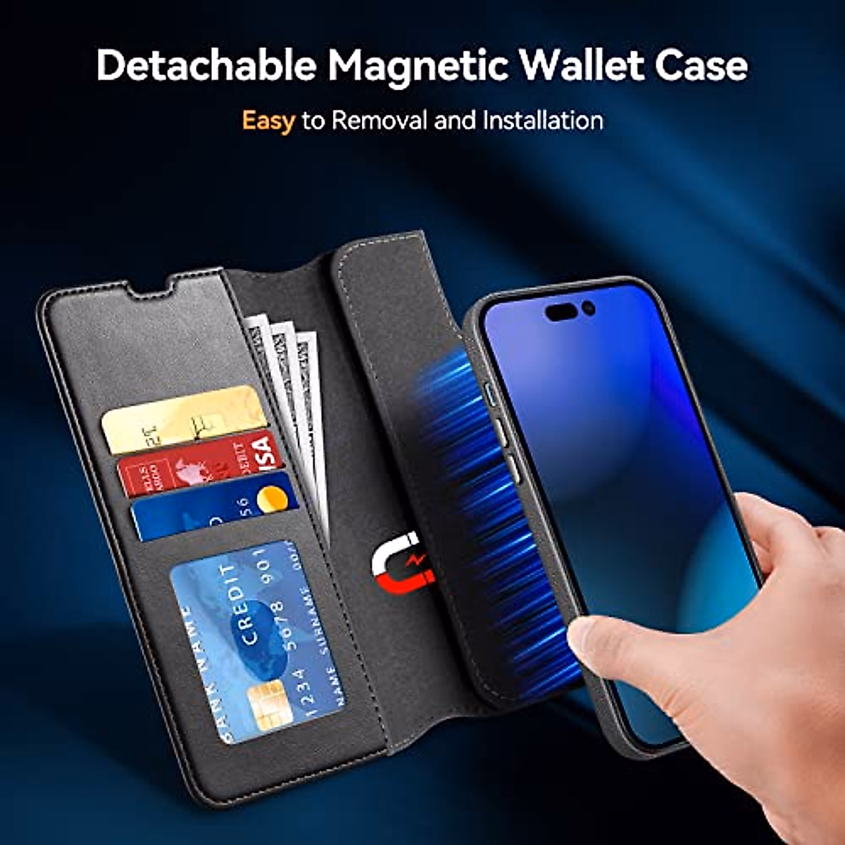 voscu Detachable Wallet Case for iPhone 14 Pro Max 6.7'' Compatible with MagSafe, Support Wireless Charger, Vegan Leather Flip Folio Magnetic Phone Case with Card Holders [RFID Blocking]-Black