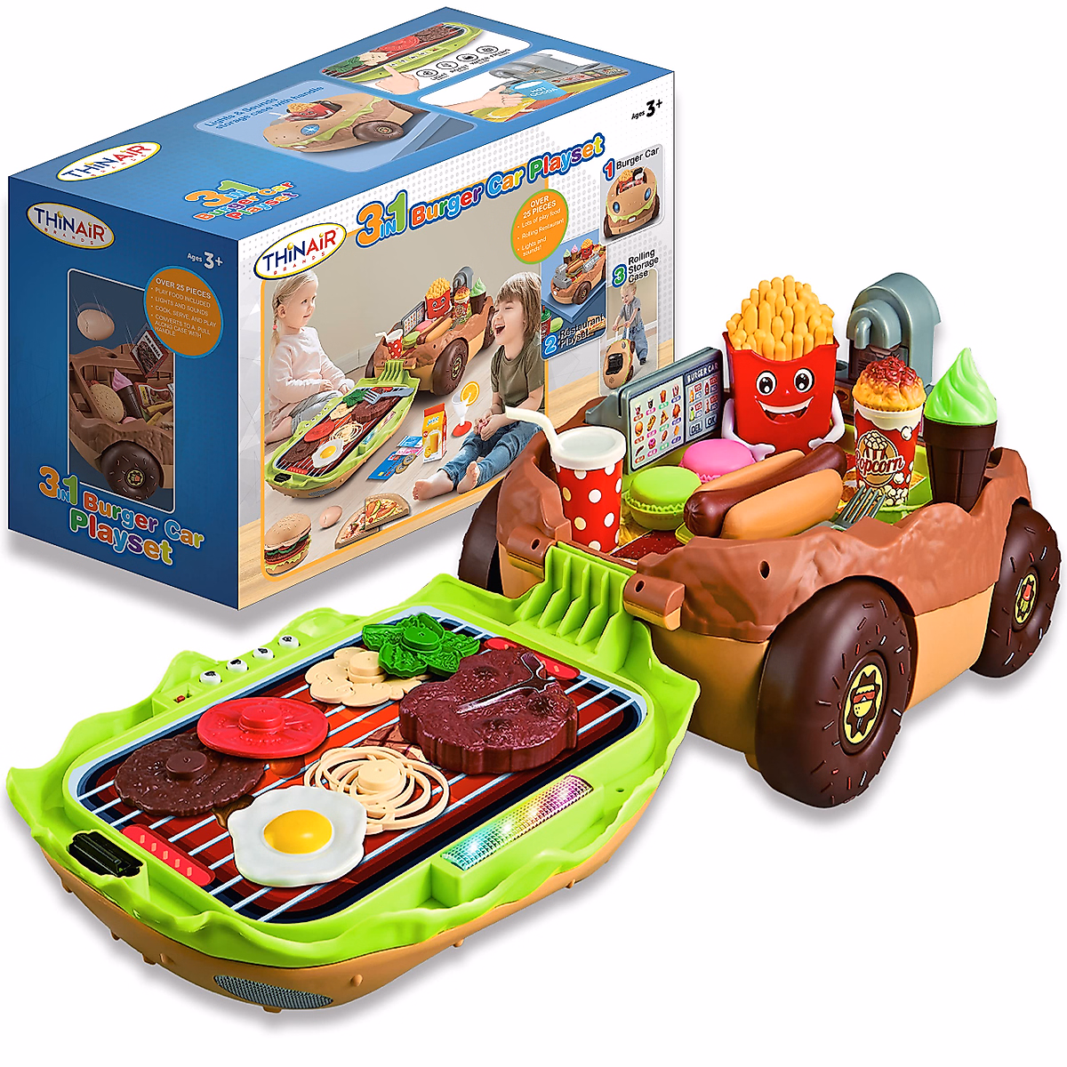 Burger Car Kids’ Kitchen Playset: 3 Pretend Play Toys in 1 with Fun Lights & Sounds, Includes Burger-Shaped Toy Car, Toy Food, Toy Grill & Toy Restaurant/Food Truck for Kids 3 & Up