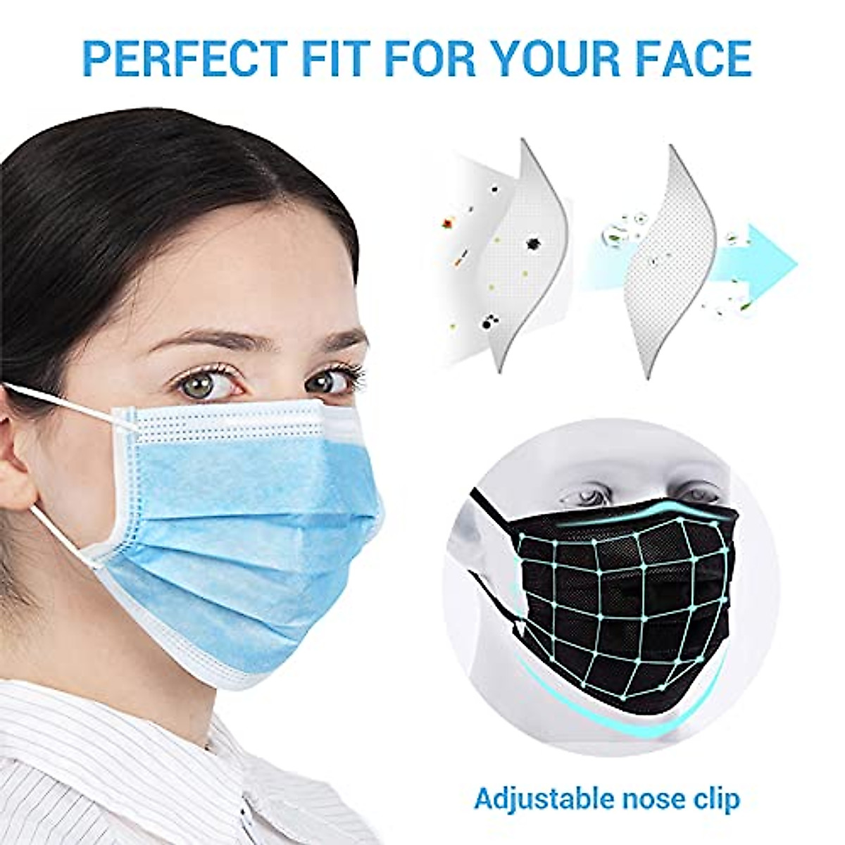 Disposable Face Masks, 3Ply with Adjustable Elastic Earloop, Comfortable Fitting & Easy Breathing, 50 Pcs