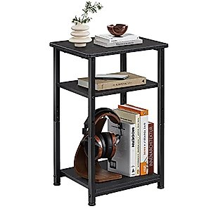 WLIVE Side Table, Small End Table, Adjustable 3-Tier Bedside Table with Sturdy Metal Frame, Tall Nightstand for Bedroom, Living Room, Sofa Table for Small Space (Black, 1 Pack)