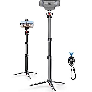 Webcam Tripod Stand, Nycetek Adjustable Sturdy Desk Tripod for Logitech Webcam C920 Brio and Other Webcam with 1/4" Thread, Aluminum Table Tripod with Phone Holder & Remote for Cell Phones, Camera