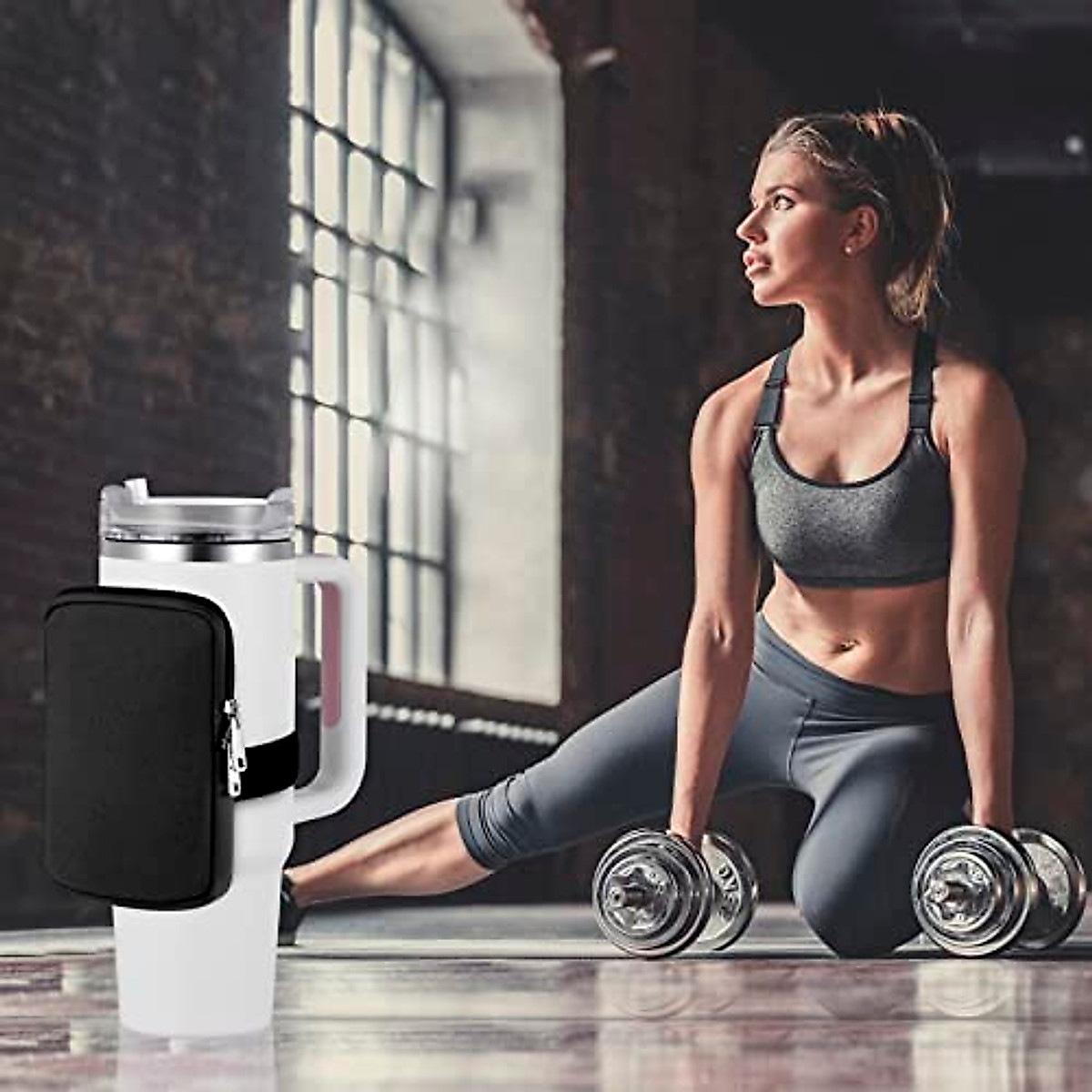 Water Cup Bottle Pouch Compatible for Stanley Tumbler Quencher Adventure 40oz & Stanley IceFlow 20/30 oz, Gym Running Water Bottle Fanny Pack Bag Accessories Handheld Caddy For Women Men (Black)