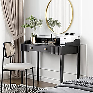 ukorua White Vanity Desk Wooden Desk with Drawer Modern Desk Computer Desk White Makeup Table with Gold Handle (Black)