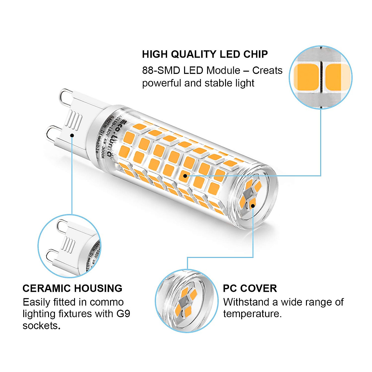Eco.Luma G9 LED Bulb Dimmable, Warm White, 6W Equivalent 40W, 50W, 60W Halogen, 3000K, 540LM Light, AC 120V CRI 82, G9 Base (Soft Warm White, 6PCs)