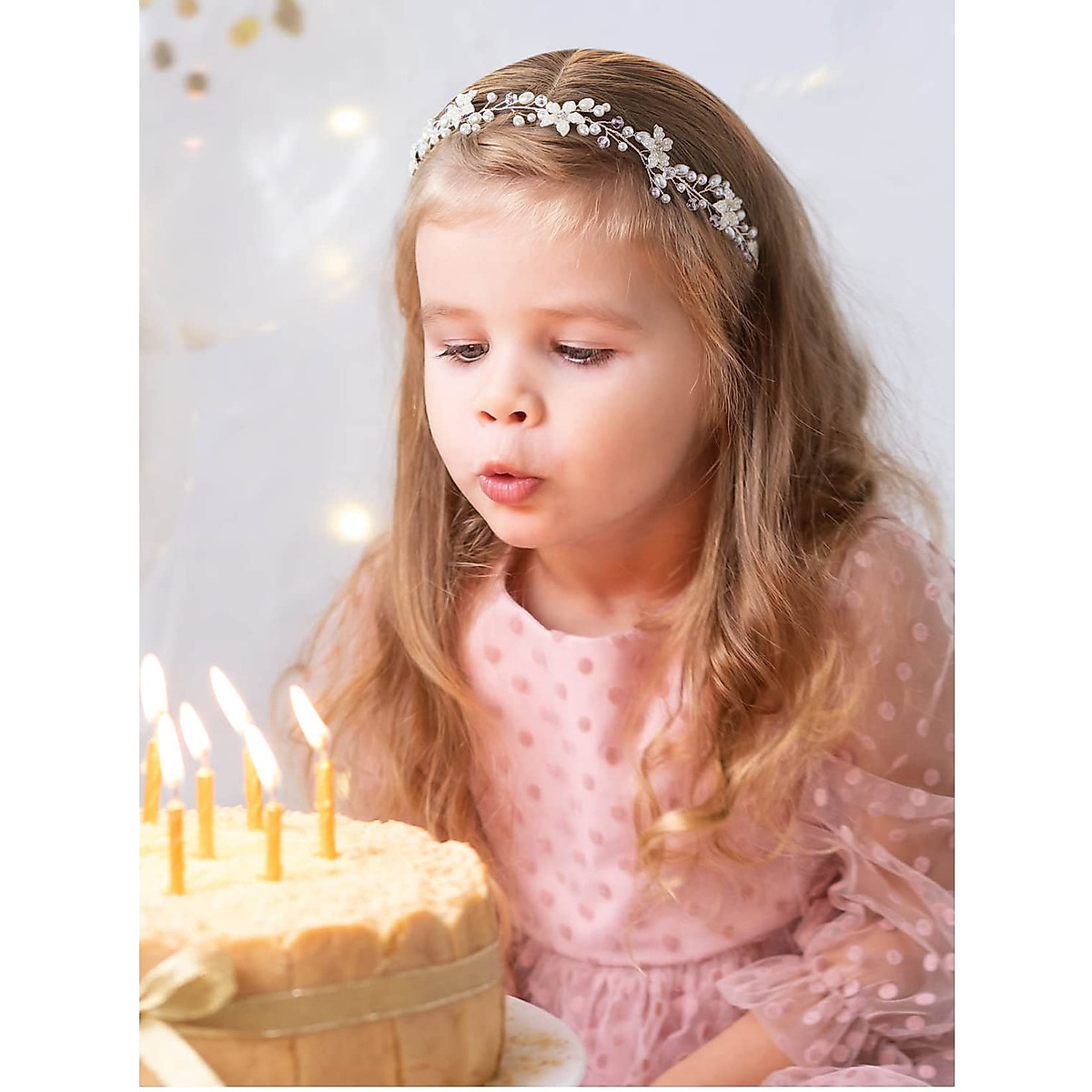 SWEETV Hairband, Flower Girl Headpiece with Flowers and Pearls, Wedding Headband for Girls, First Communion Headpiece for Girls, Princess Pearl Hair Accessories for Birthday Party