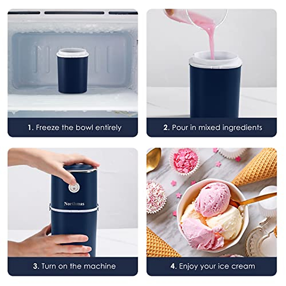 Northmas Ice Cream Maker Machine for Gelato, Sorbet, Frozen Yogurt & Smoothie, 150ml Solid Ice Cream Once, Suitable for 1-3 People, with 30 Recipes