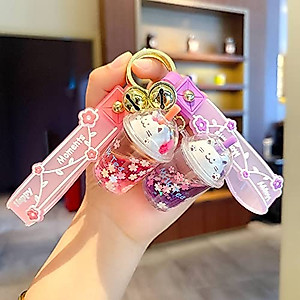 Sunfans Girls Women Keychain, Summer Beautiful Flower Milk Tea Bubble Tea Lucky Fortune Cat Cup Moving Sand Liquid Keyrings, Acrylic Car Key Chain Key Ring Bag Pendant Key Holder Wrist Strap -Pink