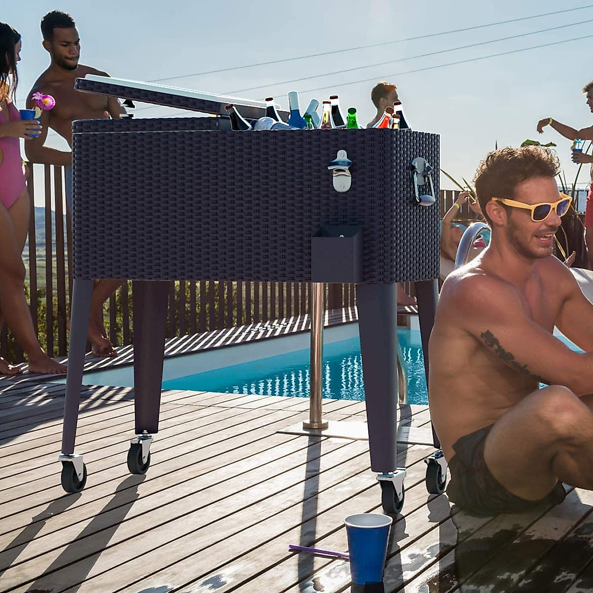 Giantex 80 Quart Rattan Rolling Cooler Cart Outdoor Patio Portable Party Drink Beverage Bar Cold Beach Chest Cart on Wheels, Brown Wicker, 32.7''(L) X18.9''(W) X43.3''(H)