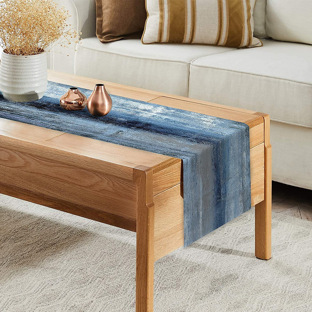 Emvency Farmhouse Style Table Runner, Abstract Art Painting Denim Blue Table Runners for Kitchen Coffee Table Family Dinners Holiday Parties Wedding Events Decor(13x72 inch)