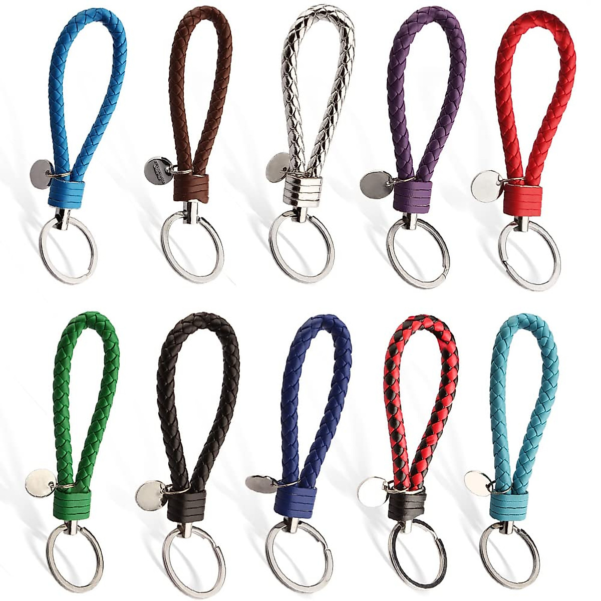 SEADEAR Braided Leather Keychain 10PCS Random Color Weave PU Key Pendant Car Key Ring Accessories for Car Key Purse Bag