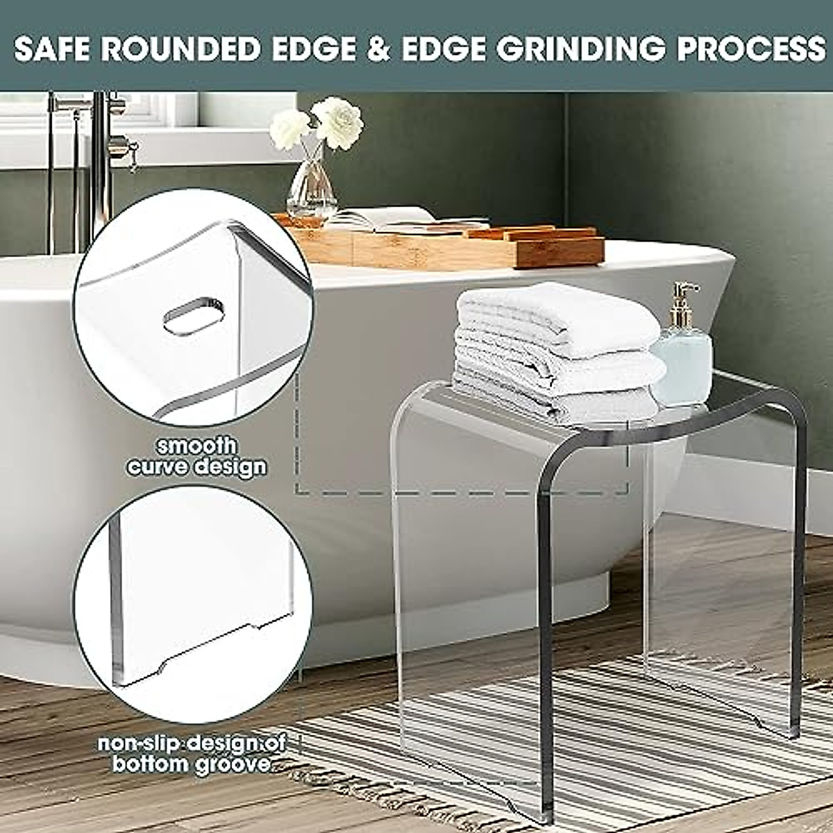 WAHFAY Acrylic Shower Bench, Clear Shower Stool for Inside Shower, Modern Shower Chair Bath Seat with Rounded Edge, 300lbs Weight Capacity