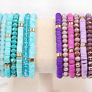 RIAH FASHION Bohemian Multi-Layer Beaded Stacking Statement Bracelets - Versatile Stretch Sparkly Crystal Beads Wrap Slip-on Bangle Set (Sparkly & Coin Bead Ombre 7 Layer - Pink)