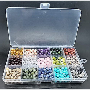 750pcs 6mm Natural Round Stone Beads Healing Engry Crystals Gemstone Beading Loose Gemstone Hole Size 1mm DIY Smooth Beads for Bracelet Necklace Earrings Jewelry Making,Box Packed(15 Material -3,6mm)