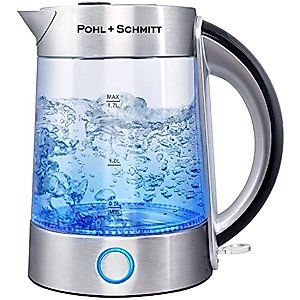 Pohl Schmitt 1.7L Electric Kettle with Upgraded Stainless Steel Filter, Inner Lid & Bottom, Glass Water Boiler & Tea Heater with LED, Cordless, Auto Shut-Off - Boil-Dry