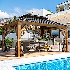 EROMMY 12' x 14' Gazebo, Wooden Finish Coated Aluminum Frame Canopy with Double Galvanized Steel Hardtop Roof, Outdoor Permanent Metal Pavilion with Curtains and Nettings for Patio, Backyard and Deck