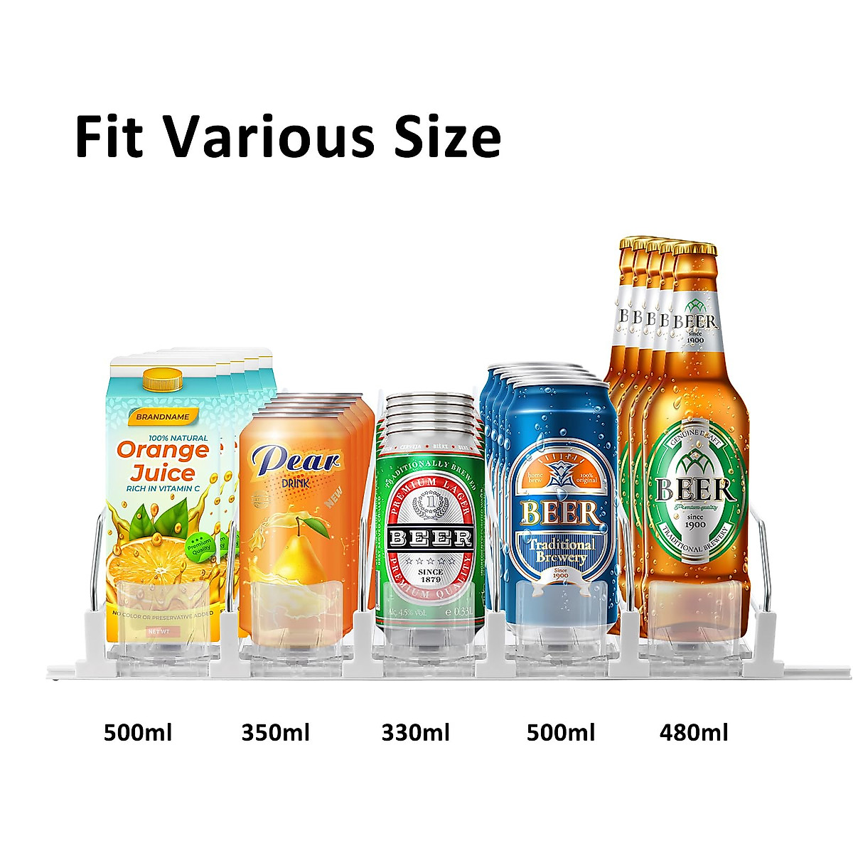 ONCHSH Drink Organizer for Fridge,Soda Can Drink Organizer for Refrigerator,Beer Pop Can Water Bottle Storage for Pantry,Width Adjustable Beverage Pusher Glide (White, 16.4"D - 5 Rows)