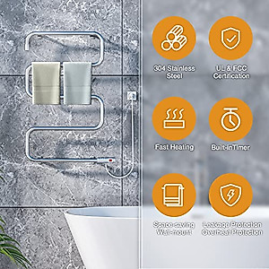 DAILYLIFE Towel Warmer Rack Stainless Steel, Wall Mount & Free Standing, Bended Heated Towel Rack, Drying Rack for Bathroom Space Saving 50W Mirror Polished