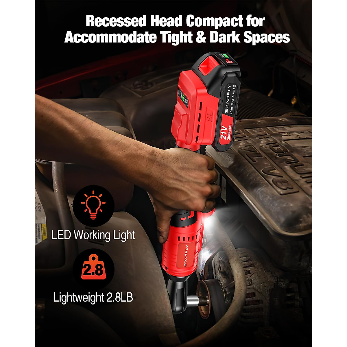Cordless Electric Ratchet Wrench Set 3/8", Upgraded 60 Ft-lbs 21V Powerful Ratchet Tool Kit, With LED Light Cordless Ratchet,Variable Speed,7 Sockets, 3" Extension Bar, 1/4" Adapter, 2*2000mAh Battery