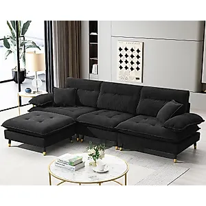 Suheww Black l Shaped Cloud Couch 3 Seater with Ottoman Set, Modern Chenille Sofa Sleeper Cloud Convertible Sectional Sofa, Comfy Cloud Couch l-Shape Extra Deep Seat Sofa Couch for Living Room