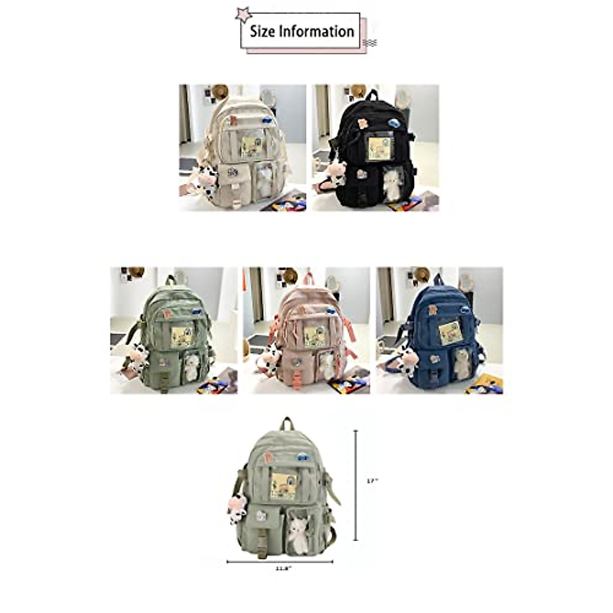 MWZING Kawaii Backpack with Lunch bag Kawaii Shoulder Bag Cute Aesthetic Backpack with Cute Pin Accessories Plush Pendant PINK