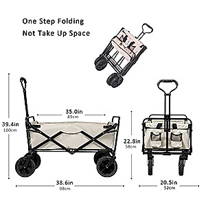Picnic Camping Cart Portable Collapsible Outdoor Utility Wagon Garden Folding Trolley 80KG Max Load Push Wagon Sturdy Lightweight Beach Outdoor Garden Picnic Cart,Creamy White