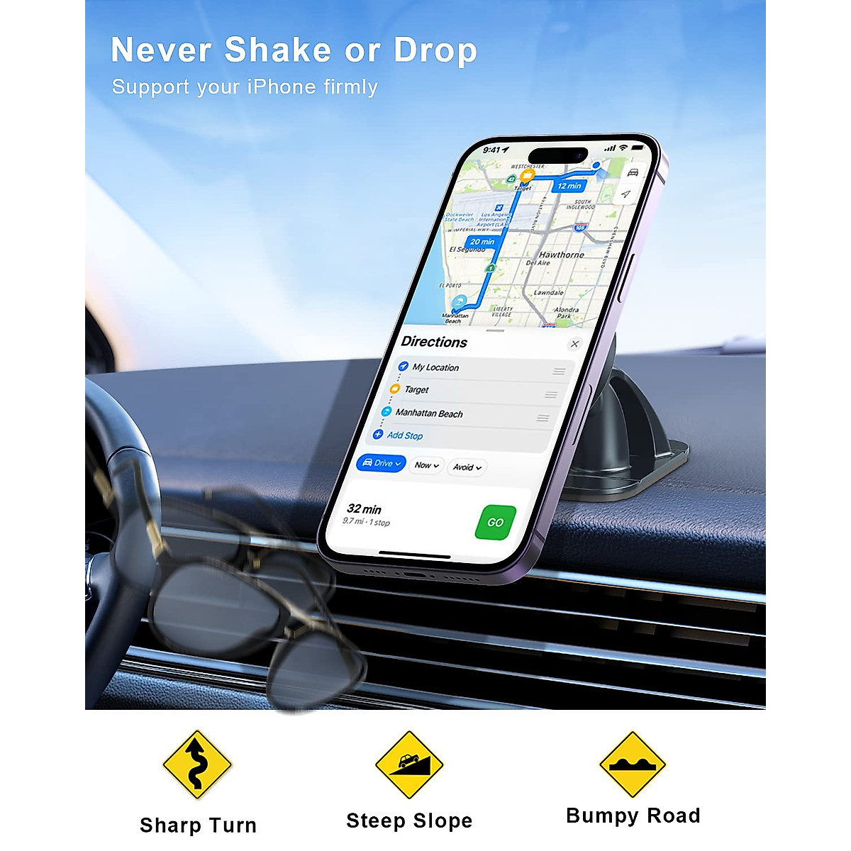 SUPERONE for MagSafe Car Mount, Strong [Never Drop] Magnetic Phone Holder for Car Dash, HandsFree 360° Rotation Phone Mount [Strongest 3M Adhesive] for iPhone 15 14 13 12 & MagSafe Case - Black