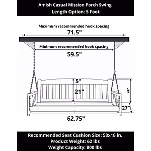 Amish Casual Heavy Duty 800 Lb Mission 5ft. Treated Porch Swing - Cedar Stain