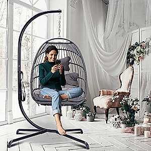 OUTPLATIO Swing Egg Chair with Stand Indoor Outdoor 350lbs Capacity Hanging Wicker Hammock Chair with UV Resistant Cushion Collapsible Foldable Basket for Bedroom Balcony Patio Garden (Dark Gray)