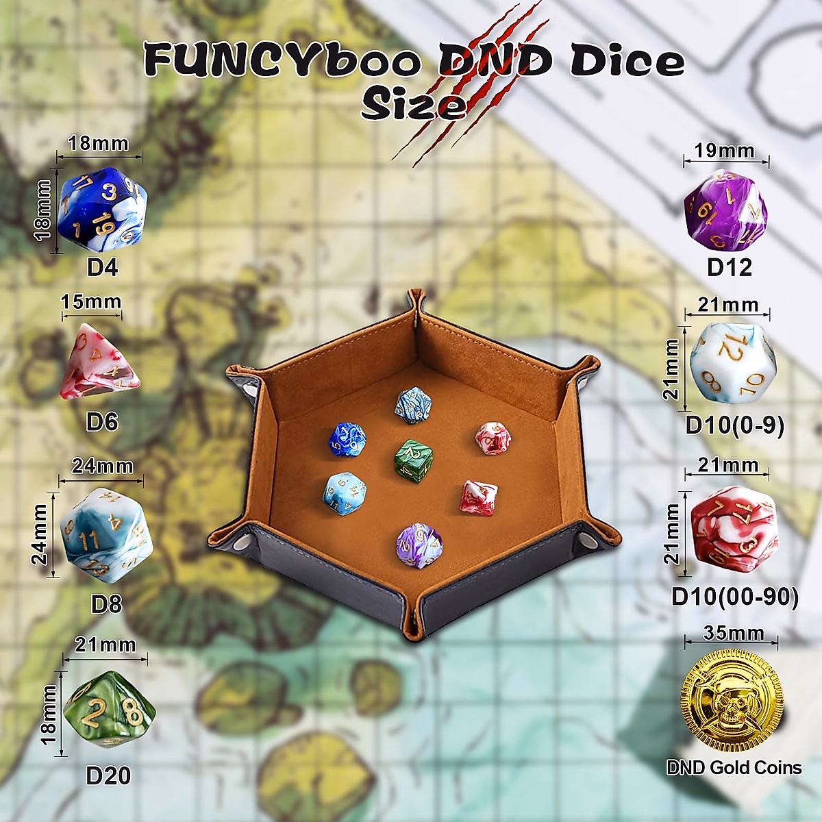 DND Dice Set - FUNCYboo 6 * 7 Sets(42 Pieces) of d&d dice for Dungeons and Dragons Tabletop and Other Tabletop Games. DND dice Comes with 15 DND Gold Coins and Gems