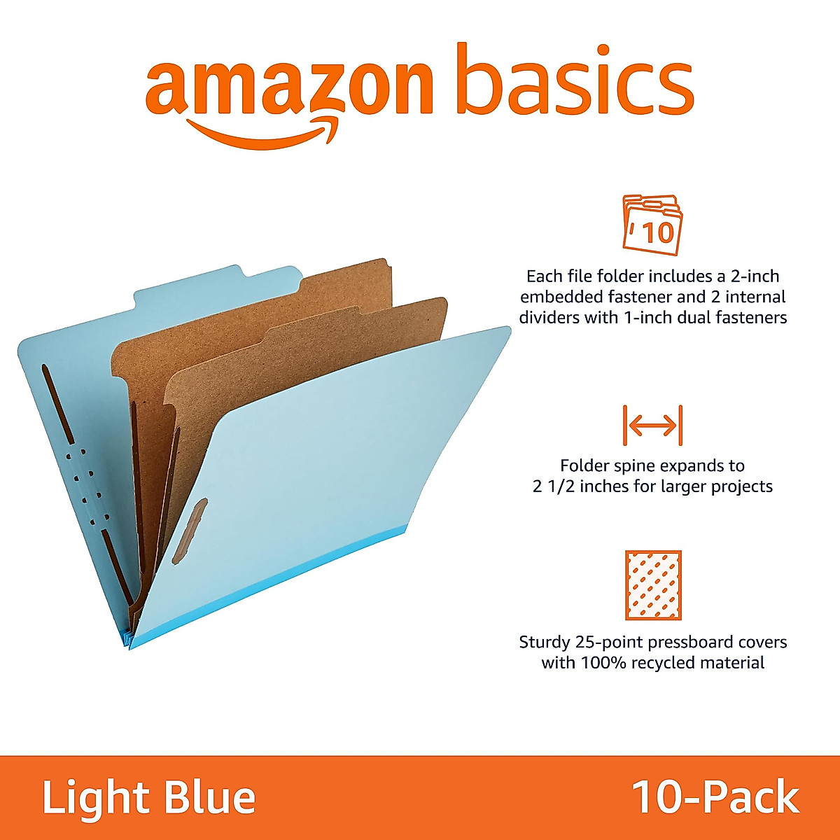 Amazon Basics Classification Folder- 100% Recycled, 2 Dividers, 2" Embedded, Letter, Light Blue, 10 per Box