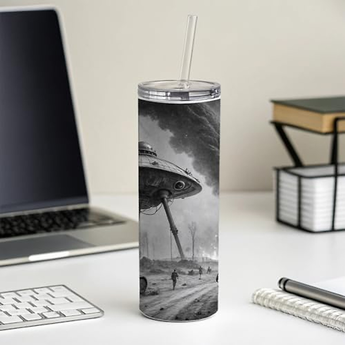 Martian Alien Invasion Tripod War Machine Retro Black and White Skinny Tumbler 20oz with Straw Insulated Water Bottle Gift