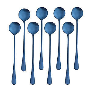 BRIIEC Blue Long Handle Spoon, Matte Finish Stainless Steel Round Spoon Set Mixing Spoon Ice Cream Spoon Long Spoon Iced Tea Spoon Coffee Spoon Dessert Spoon Milkshake Spoon,Set of 8