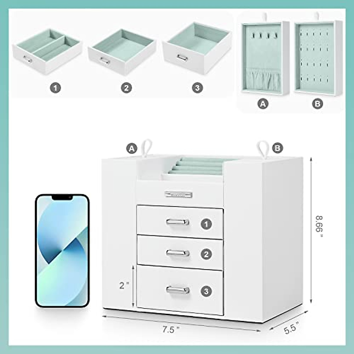 Homde Jewelry Organizer for Girls Women Jewelry Box Necklaces Rings Earrings Display Stand Jewelry Storage Holder Case for Bracelets Watches Sunglasses (White + Light Green)