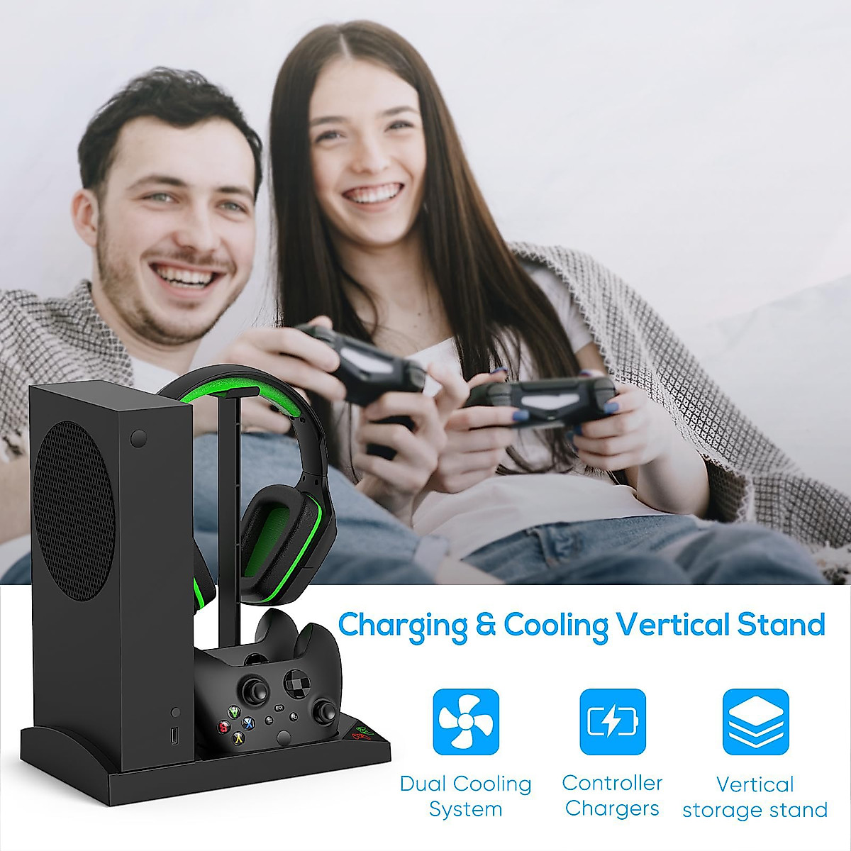 Cooling Fan with Charging Stand for Xbox Series S Console and Controller, Dual Charger Dock Accessories with 2 x 1400mAh Rechargeable Battery and Cover, Headphone Mount for Xbox Series S, Black