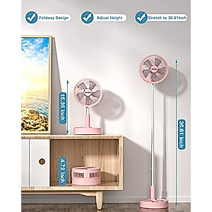 AICase Stand Fan,Folding Portable Telescopic Floor/USB Desk Fan with 7200mAh Rechargeable Battery,4 Speeds Super Quiet Adjustable Height and Head Great for Office Home Outdoor Camping-pink