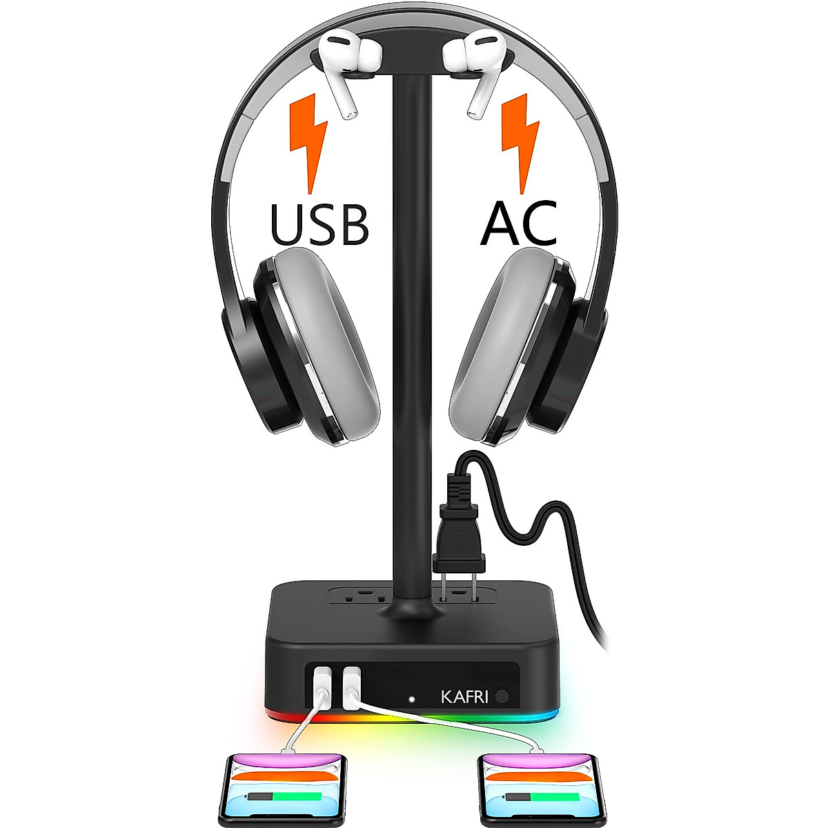 KAFRI RGB Headphone Stand with USB Charger Desk Gaming Headset Holder Hanger Rack with 2 USB Charging Ports and 2 Outlet - Suitable for Gamer Desktop Table Game Earphone Accessories Boyfriend Gift
