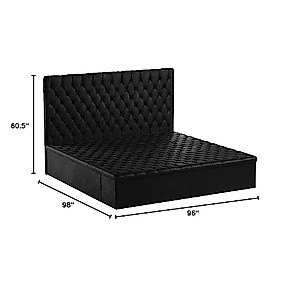 Meridian Furniture Bliss Collection Modern | Contemporary Velvet Upholstered Bed with Deep Button Tufting and Storage Compartments in Rails and Footboard, Black, King
