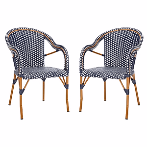 SAFAVIEH Outdoor Collection California Navy/White 18-inch Bistro Arm Chair Set of 2 (Fully Assembled)