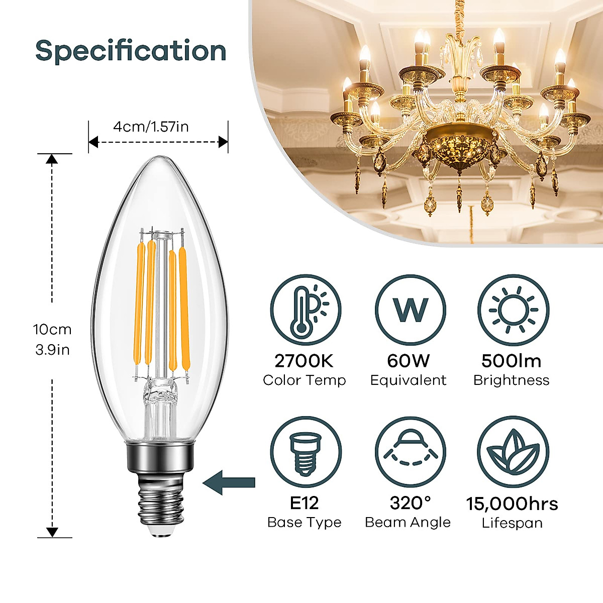 Linkind E12 Candelabra LED Light Bulbs 60W Equivalent, B11 Dimmable Chandelier Light Bulbs, 4.5W Clear Glass Vintage Edison Filament Candle Bulbs, Soft White 2700K 500lm, Ceiling Fan Bulb, 6 Packs