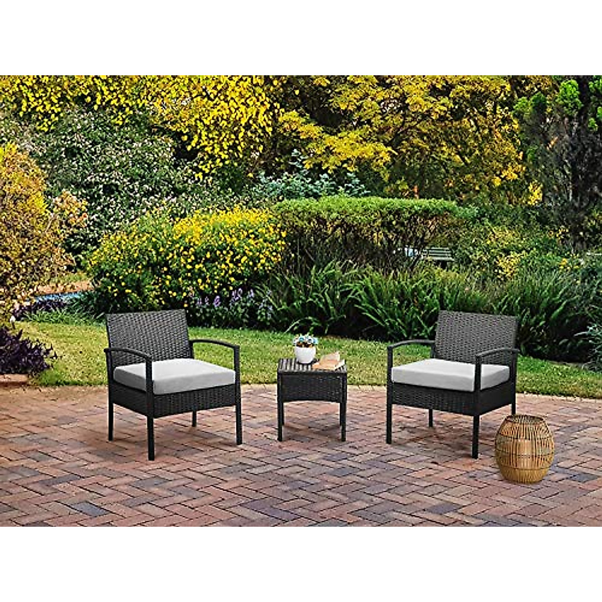 PROHIKER 3 PCS Patio Rattan Conversation Chair Set, Patio Wicker Rattan Furniture Set, Patio Wicker Rattan Table Patio Furniture Set Balcony Furniture Backyard Grey