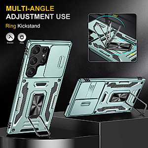 2023 New CASE for Samsung 23 Ultra Case with Kickstand & Camera Cover Slide,[2 in 1] Heavy Duty Drop Proof Phone Cover.Hard PC+Silicone for Protective Case Samsung Galaxy 23 Ultra Phone Case(Cyan)